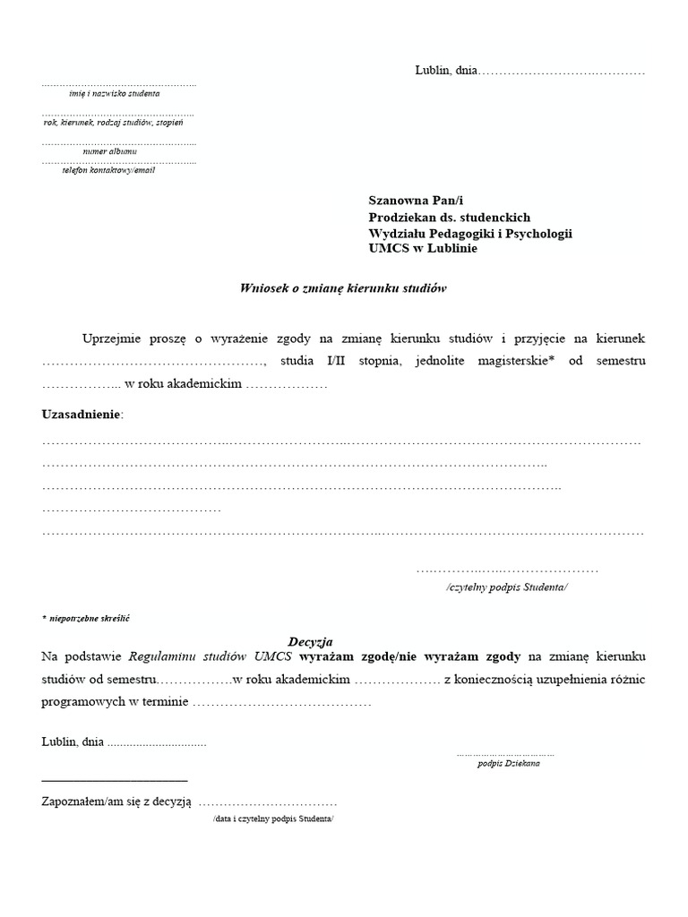 Wniosek o Zmiane Kierunku Studiow | PDF Wniosek o Zmiane Kierunku Studiow | PDF
