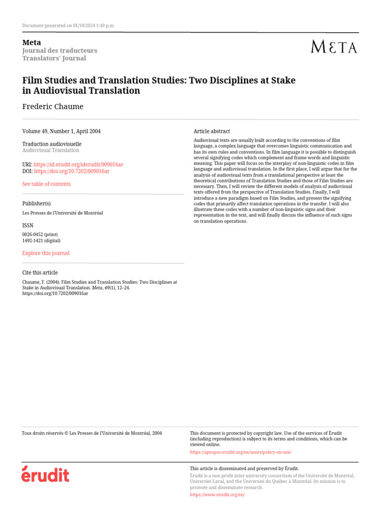 Film Studies and Translation Studies: Two Disciplines at Stake in ...