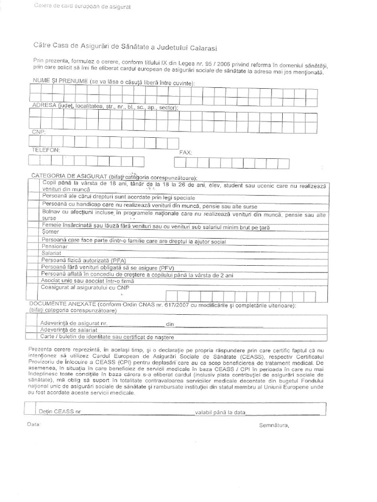 Cerere Card European de Sanatate | PDF