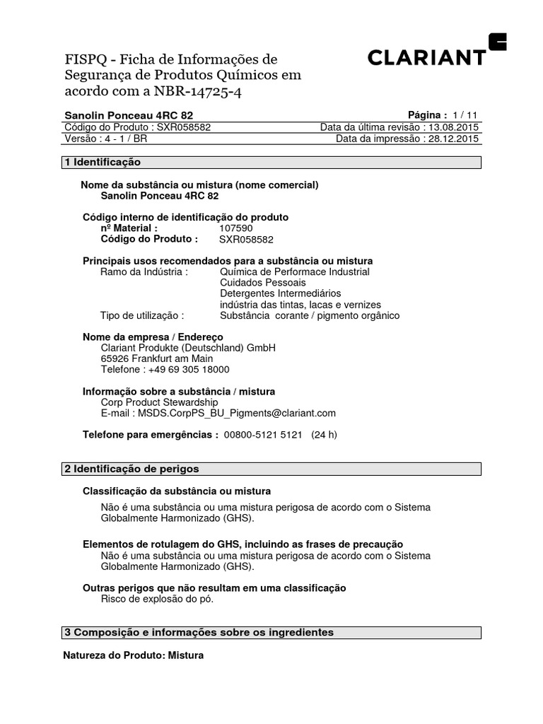 Sanolin Ponceau 4RC 82 | PDF | Química | Dióxido de carbono