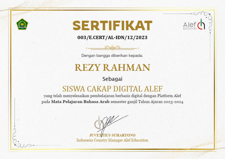 SERTIFIKAT SISWA CAKAP DIGITAL ALEF 2023 _ REZY RAHMAN | PDF