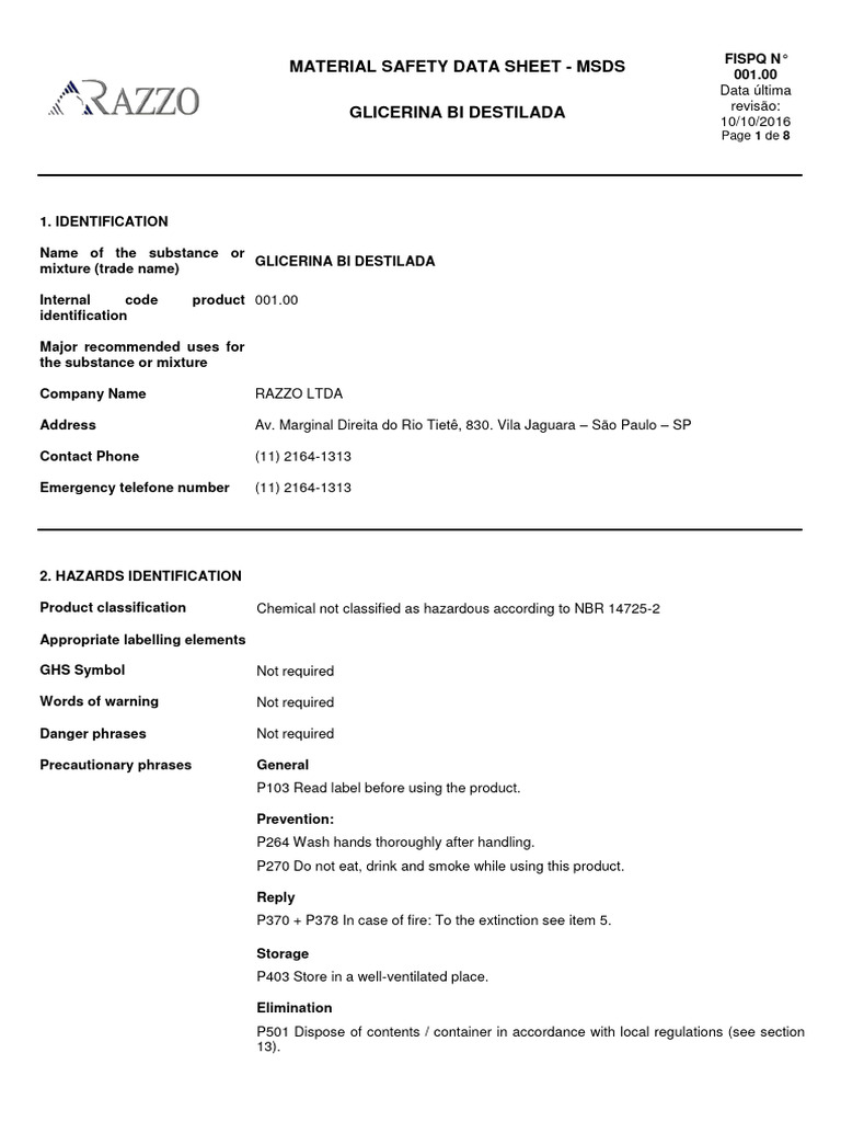 Msds Glycerin | PDF | Dangerous Goods | Firefighting