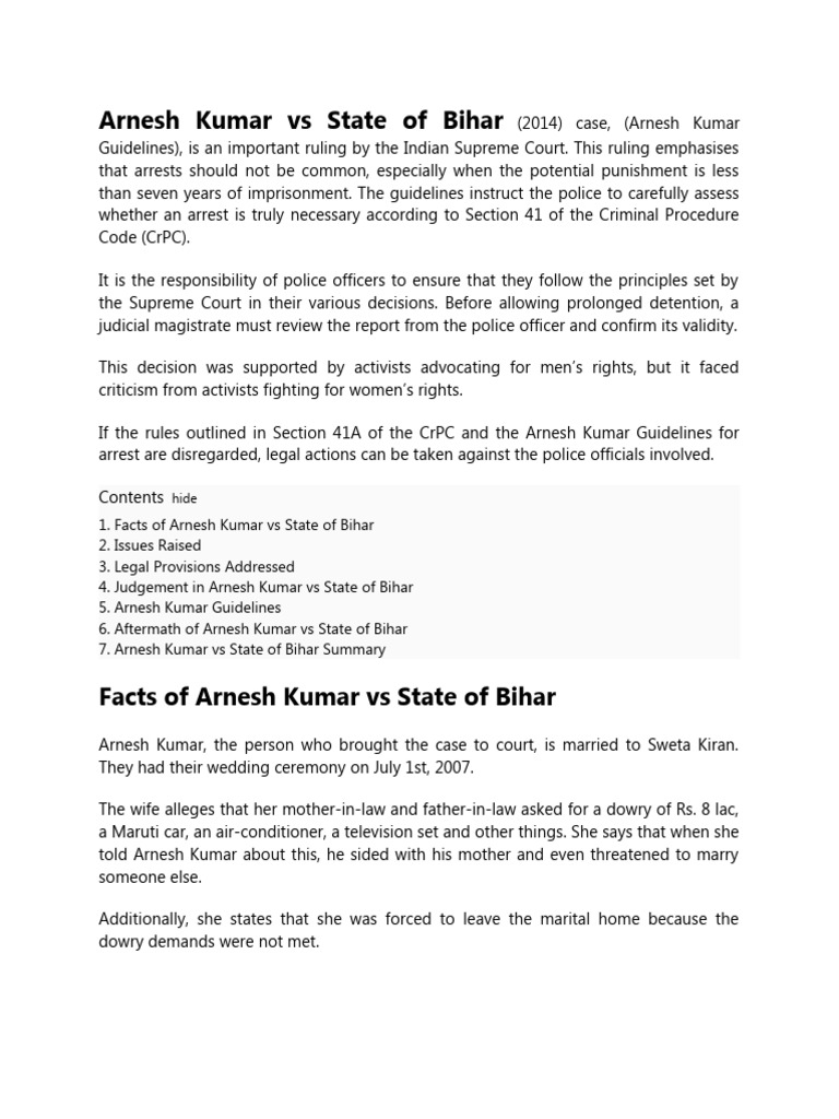 Arnesh Kumar Vs State of Bihar | PDF