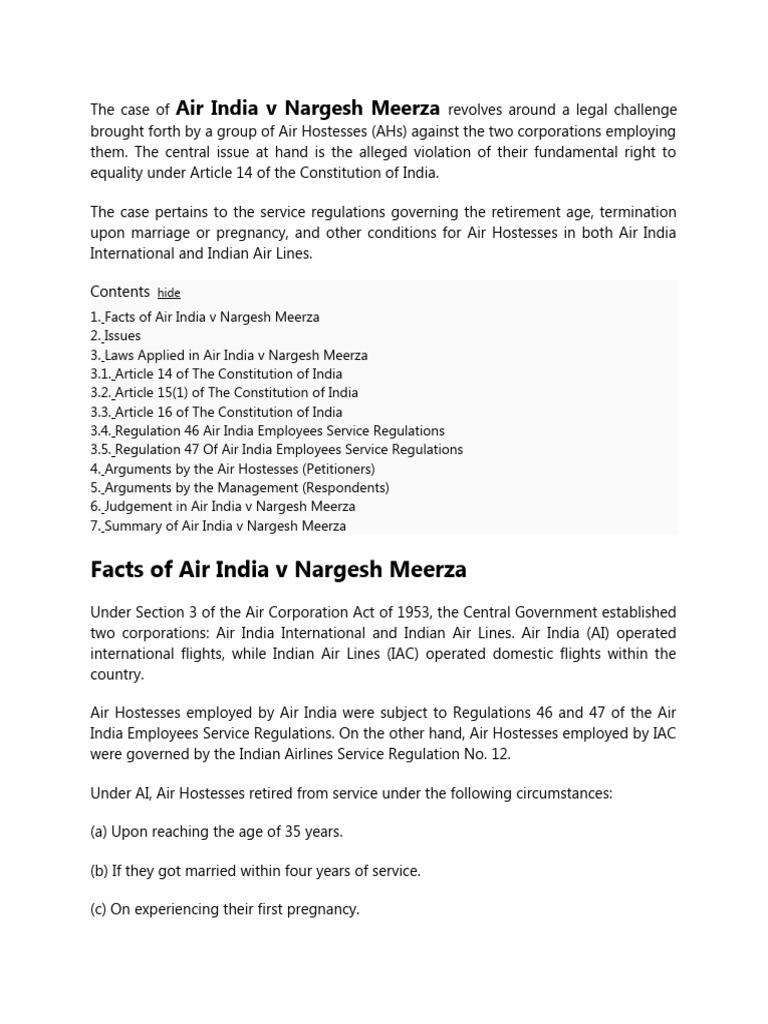 Air India V Nargesh Meerza | PDF | Flight Attendant | Discrimination