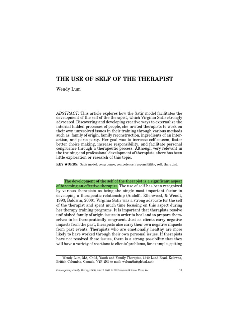 The Use of Self of The Therapist | PDF | Psychotherapy | Therapy