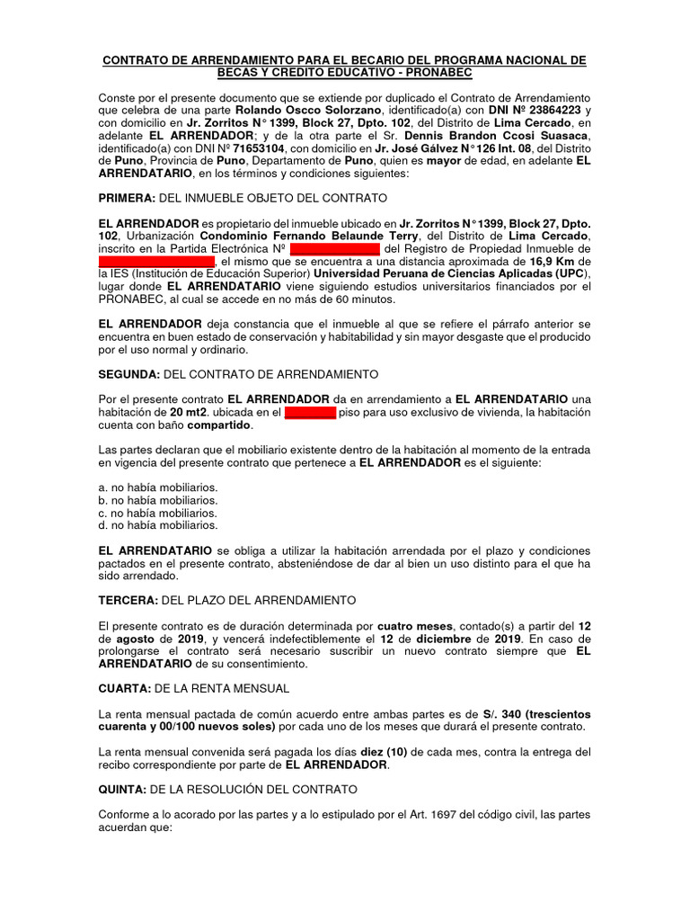 ANEXO 10 - CONTRATO ARRENDAMIENTO LLENADO | PDF | Derecho privado | Derecho civil (sistema legal)