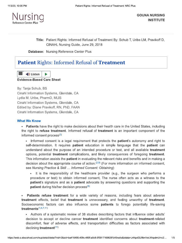 Patient Rights Informed Refusal of Treatment | PDF