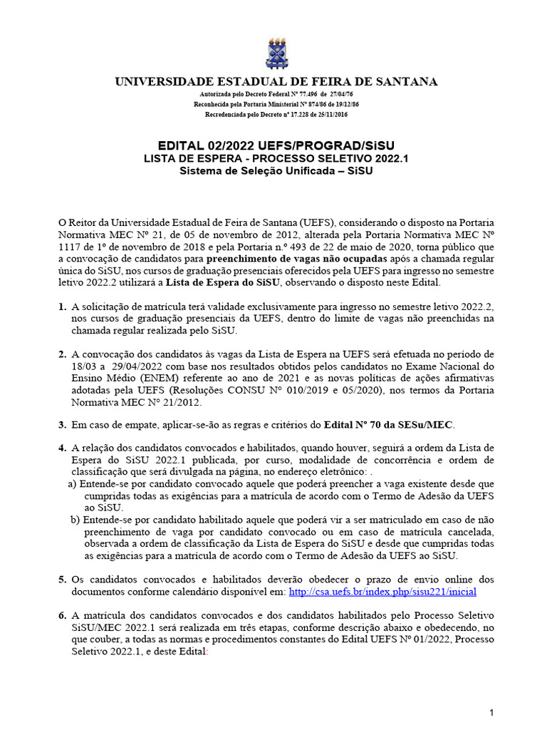 Lista de Espera SiSU 2022.1 UEFS | PDF