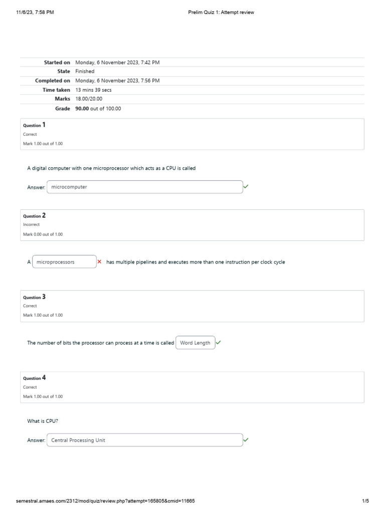 MICROPROCESSOR Prelim Quiz 1 - Attempt Review | PDF | Central Processing Unit | Microprocessor
