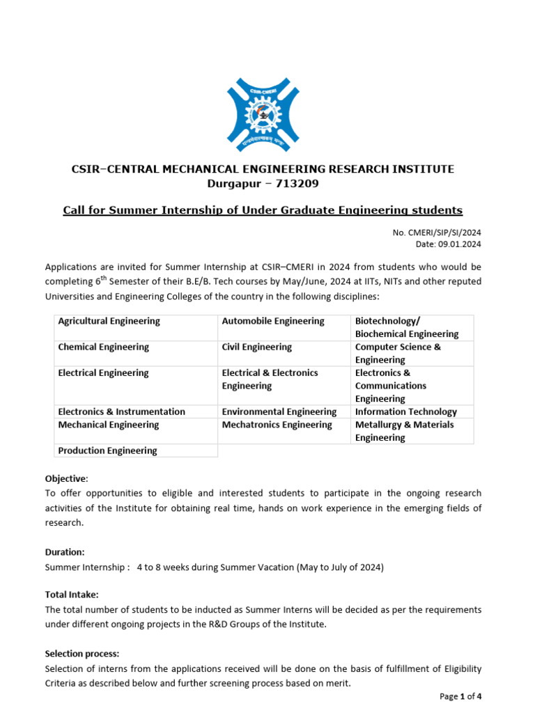 Engineering Summer Internship Call | PDF | Engineering