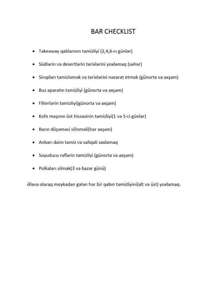 Bar Checklist | PDF