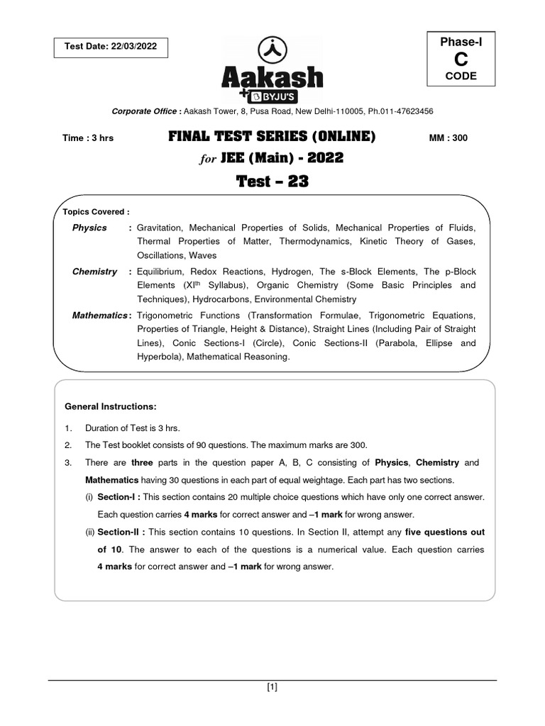 FTS-23 - JEE (Main) - Phase-1 - 22-03-2022 | PDF | Waves | Liquids