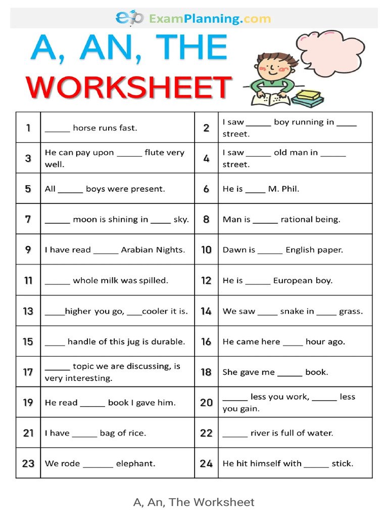 A, An, The Worksheet with Answers – ExamPlanning 2 | PDF | English ...