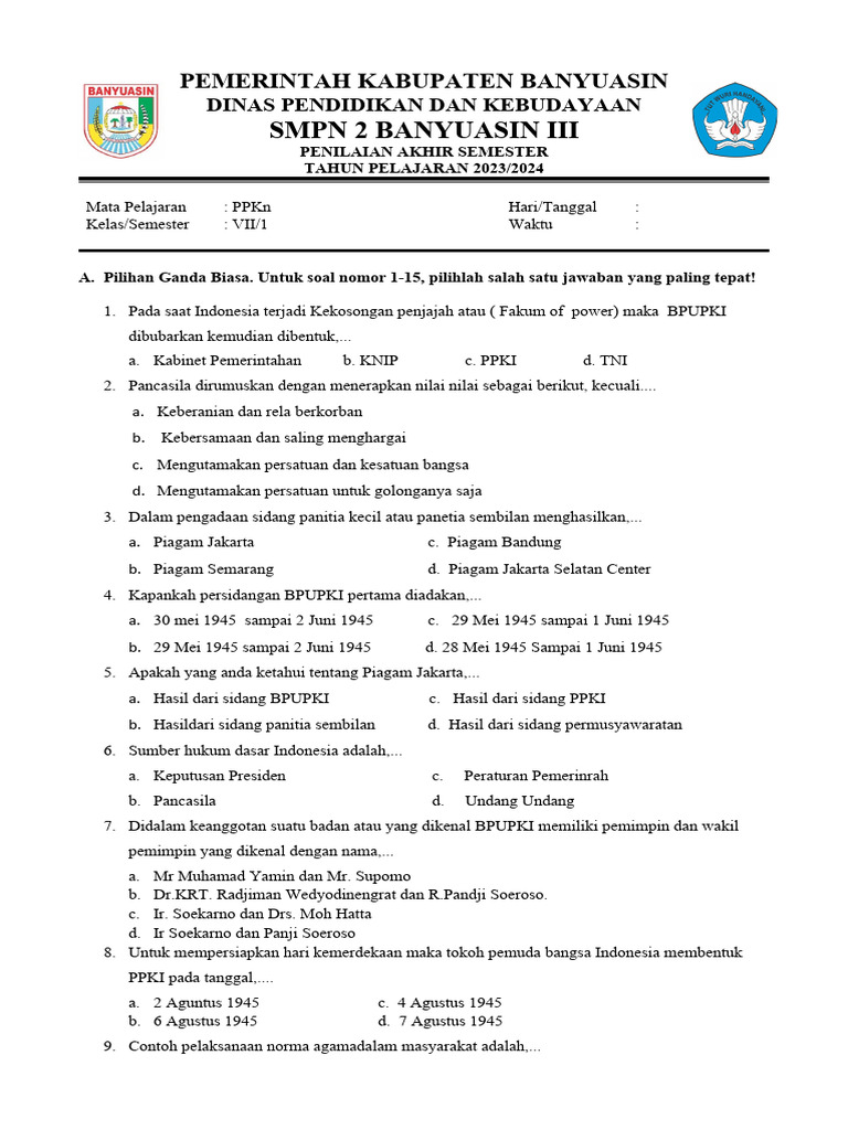 Soal PPKn Kelas VII Semester 1 | PDF