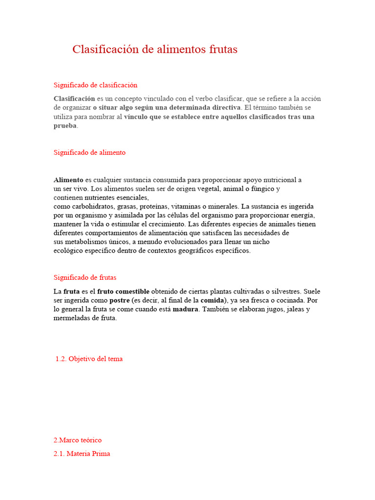 Clasificación de Alimentos Frutas | PDF | Cocina, comidas y vino