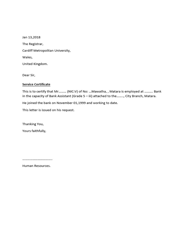 Sample Service Letter | PDF