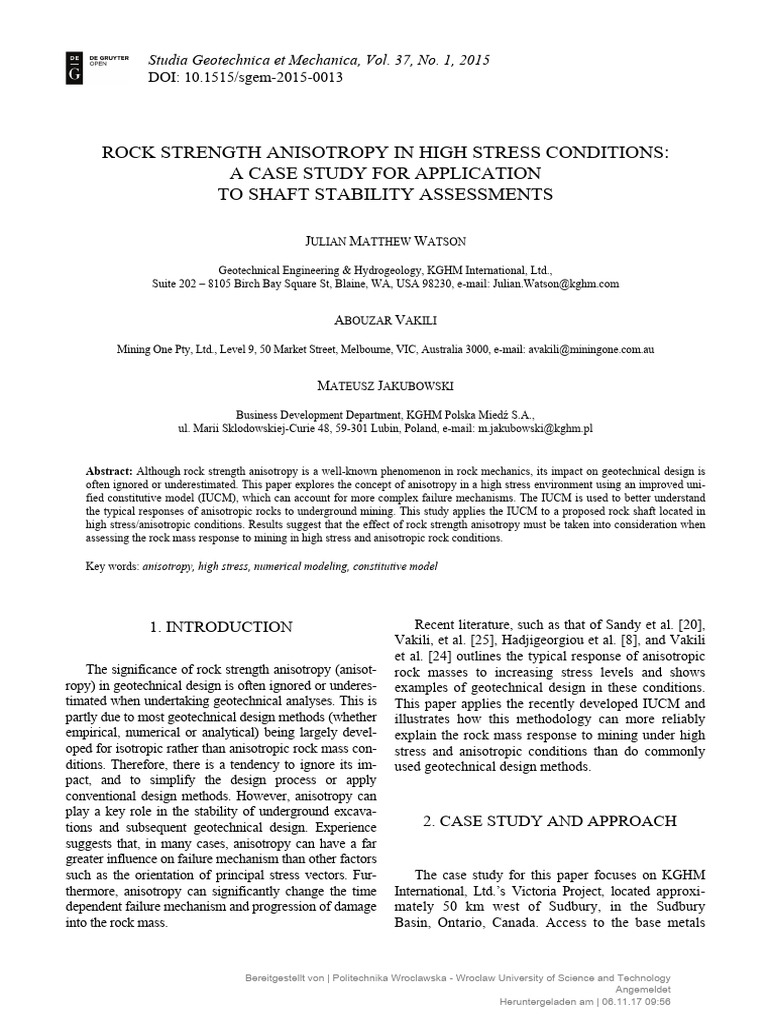 Waton - Rock Strength Anisotropy in High Stress Conditions - Case Study For Application To Shaft ...