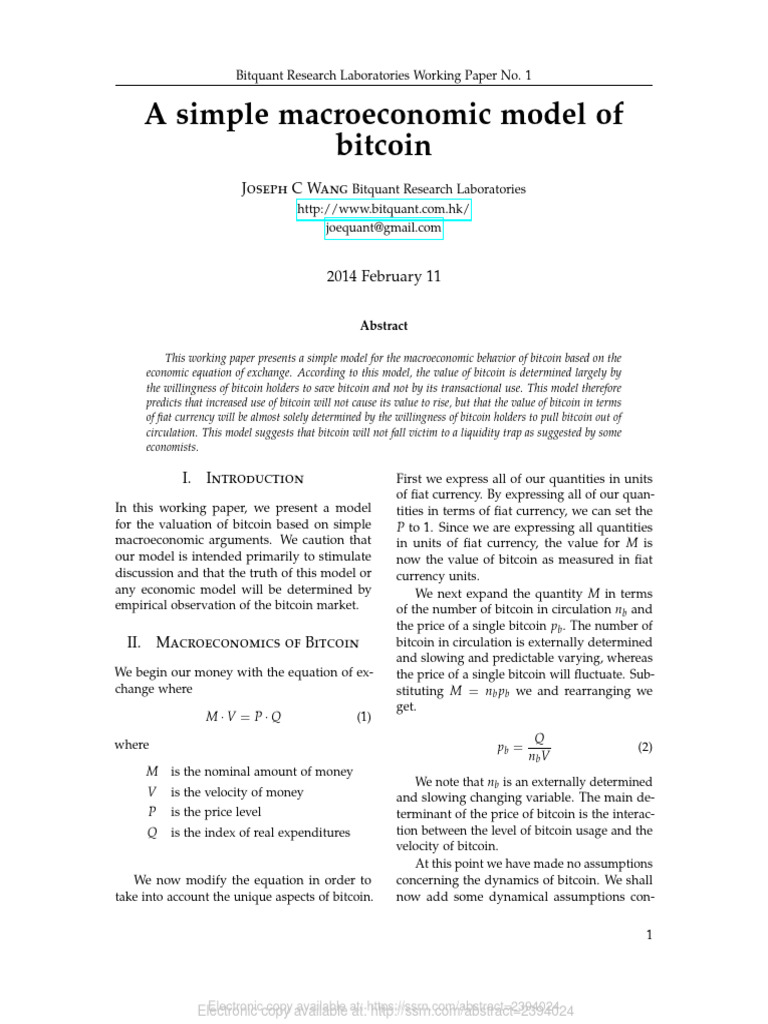 Wang, Joseph Chen-Yu, A Simple Macroeconomic Model of Bitcoin | PDF