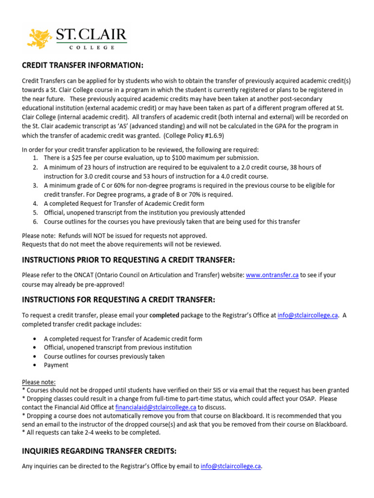 St. Clair College Credit Transfer Guide | PDF | Course Credit | Students