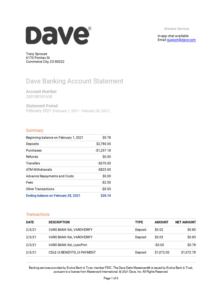 Dave Bank Statement | PDF