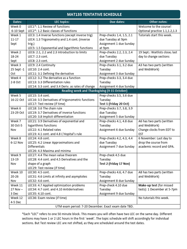 MAT135 Fall 2023 Weekly Schedule | PDF