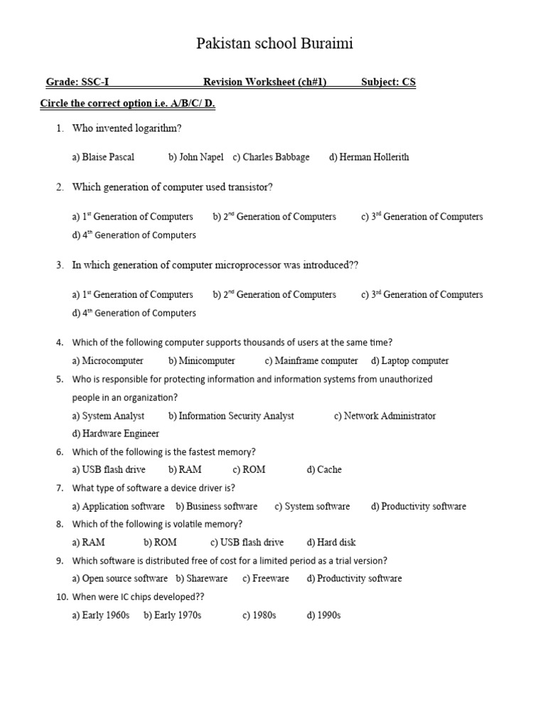 SSC-I (CS Worksheet Ch1) | PDF