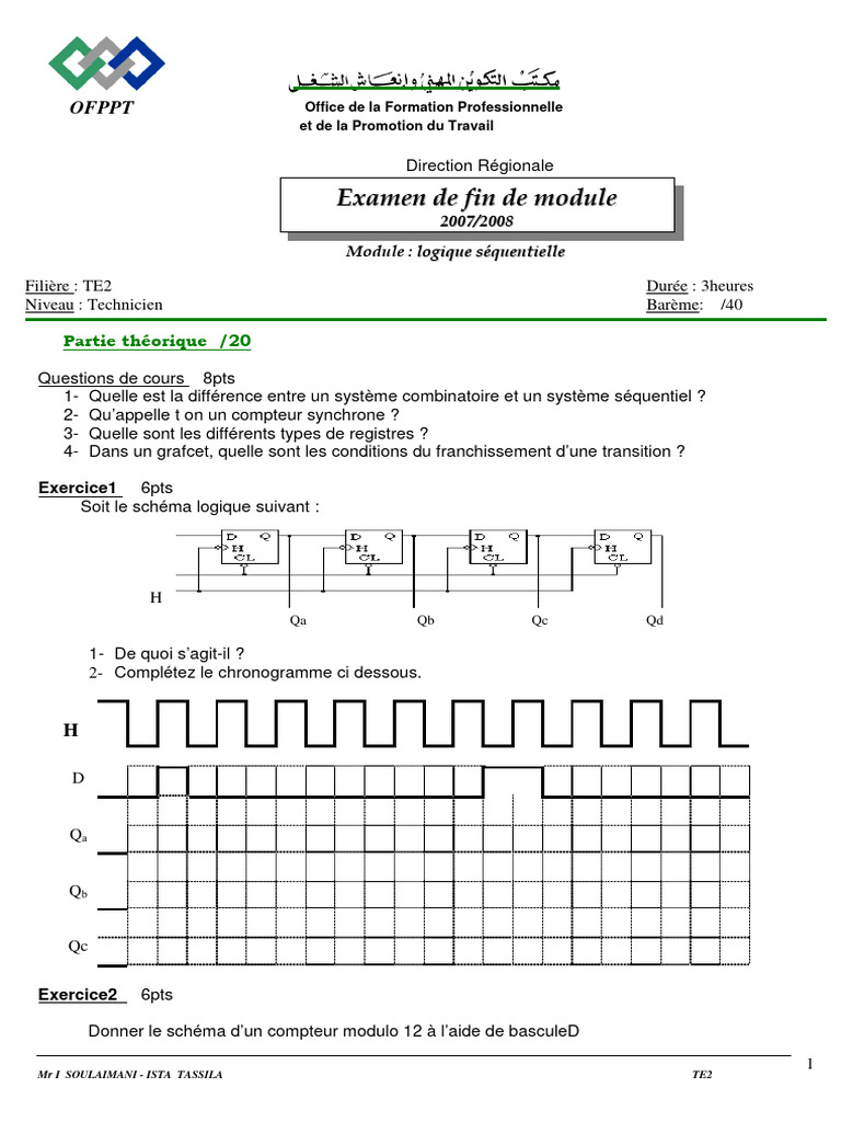 Examen de Fin de Module Logique Sequentielle Temi | PDF