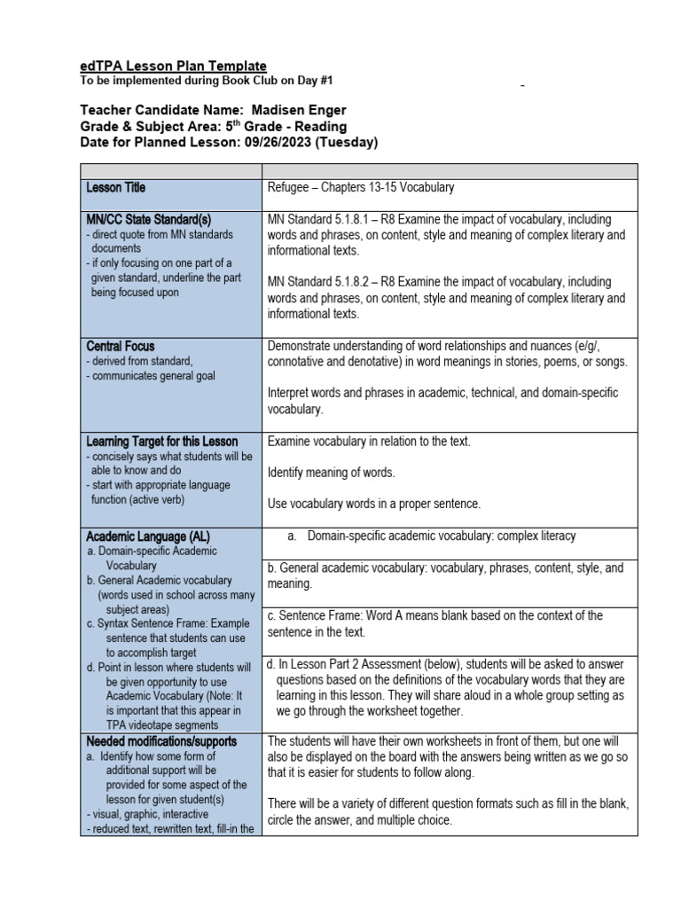 Edtpa Lesson Plans - Engermadi | PDF | Vocabulary | Teachers