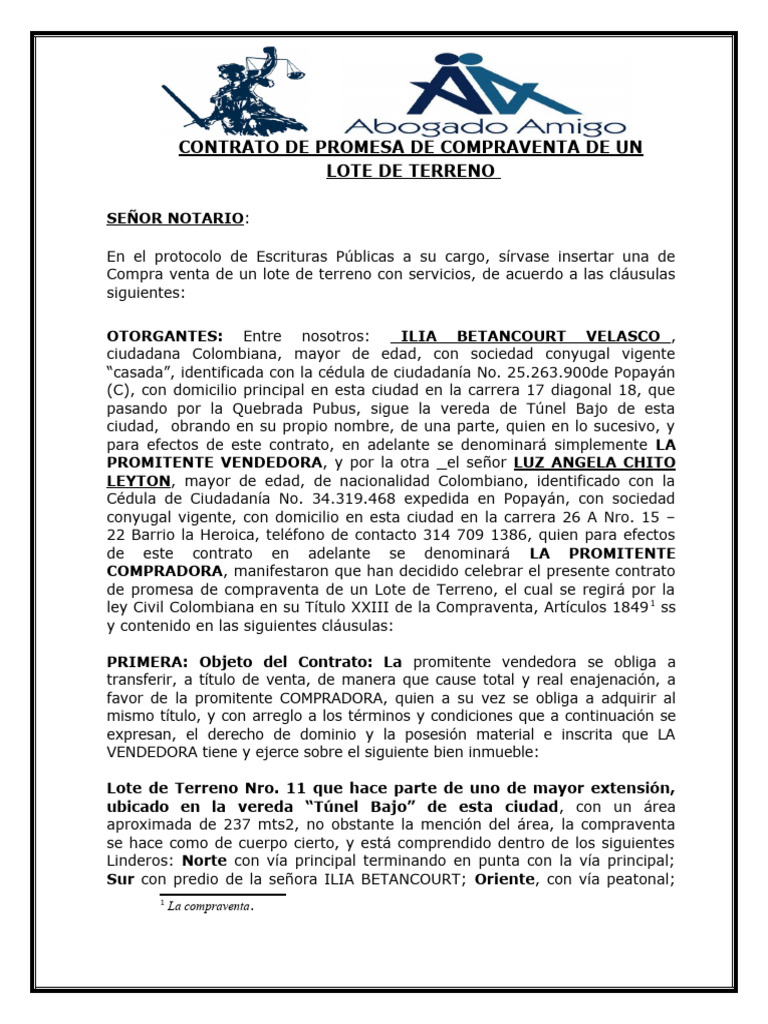 Contrato De Promesa De Compraventa De Un Lote Ilia Betancourt Vs Luz