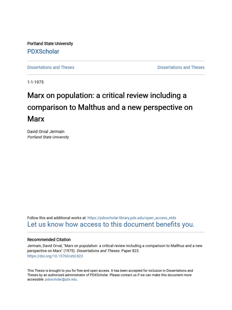 Marx On Population - A Critical Review Including A Comparison To M ...