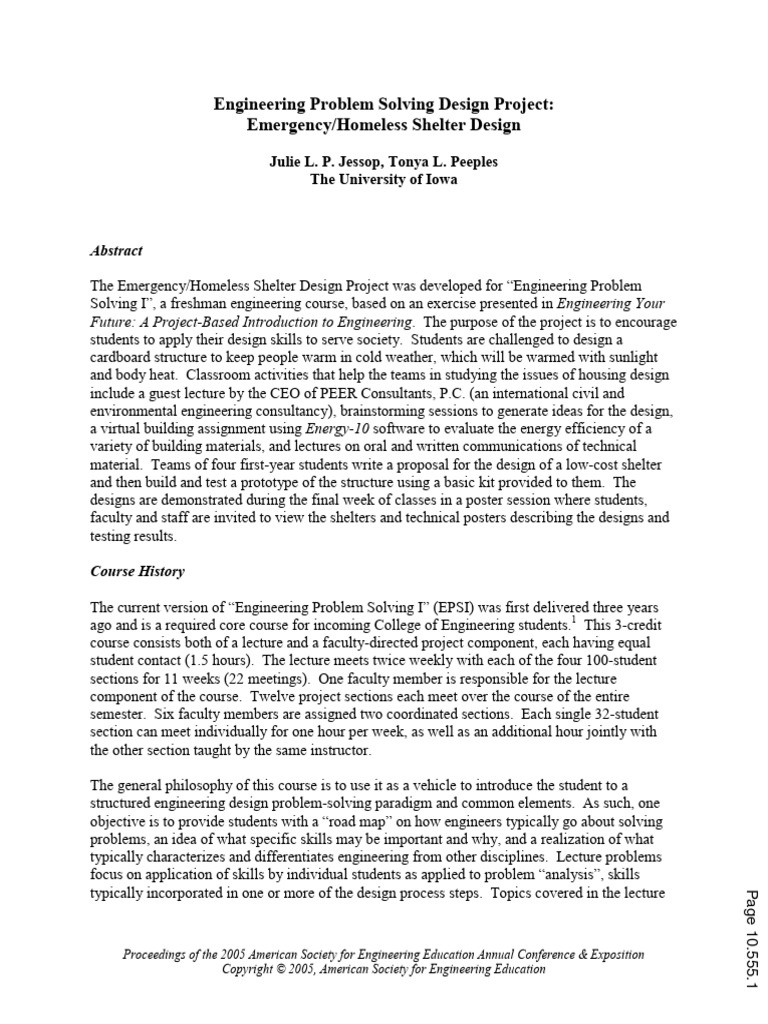 Engineering Problem Solving Design Project Emergency Homeless Shelter ...