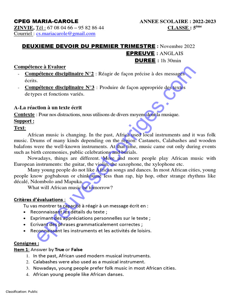 Anglais 5eme, 2eme Devoir Du 1er Trimestre 2022-2023 Cpeg Maria-Carole | PDF | Entertainment ...