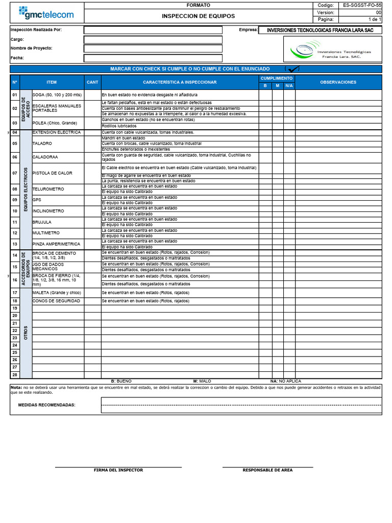 Inspeccion de Equipos | PDF | Bienes manufacturados | Herramientas