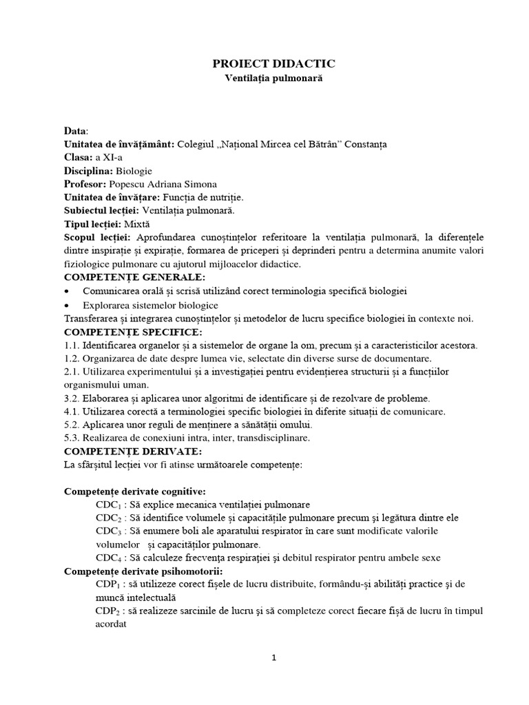 Biologie Xi Proiect-Didactic Ventilația-Pulmonară | PDF