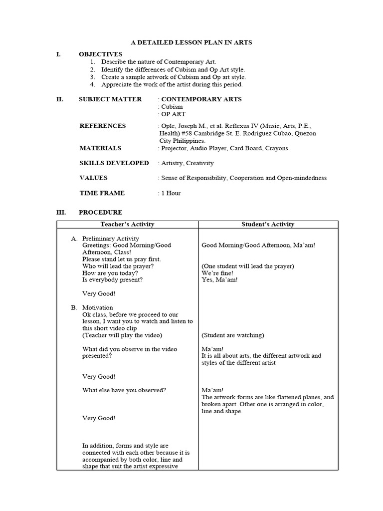 A Detailed Lesson Plan in Arts | PDF | Cubism | Modernism