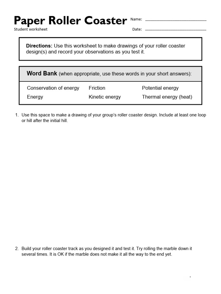 Worksheet Paper Roller Coaster | PDF Worksheet Paper Roller Coaster | PDF