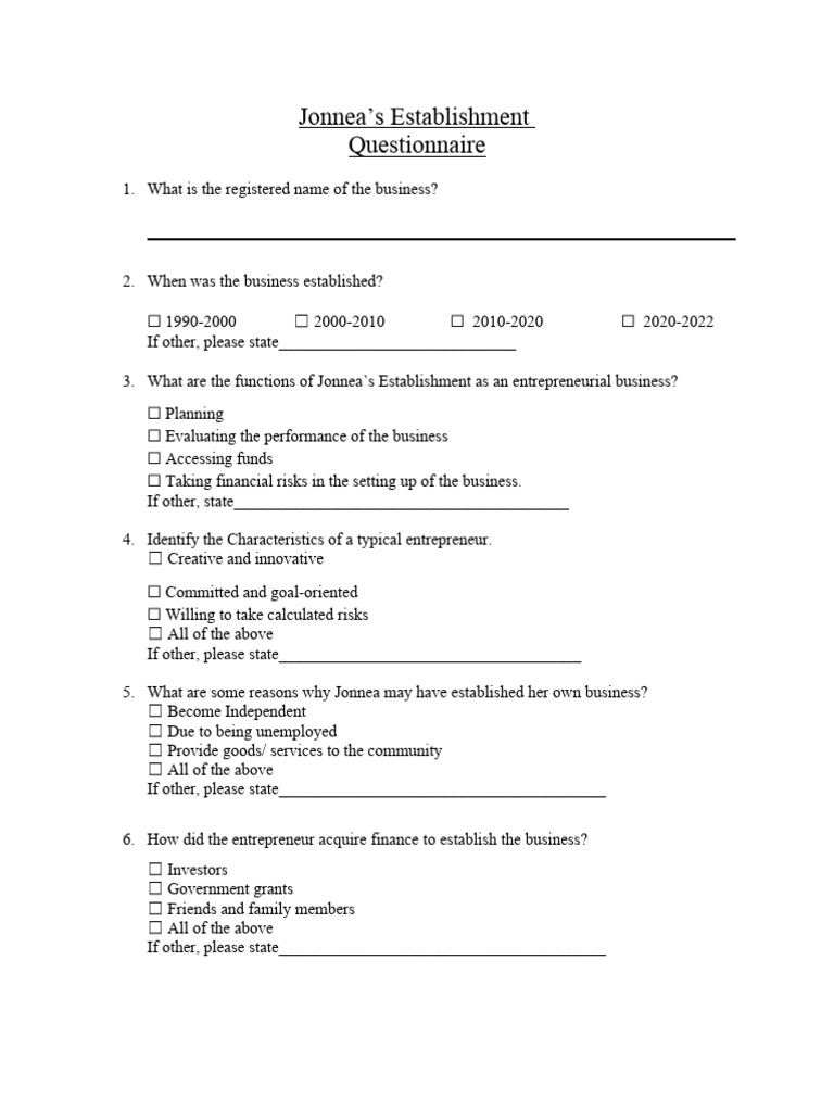 Jonnea's Establishment Questionnaire | Download Free PDF ...