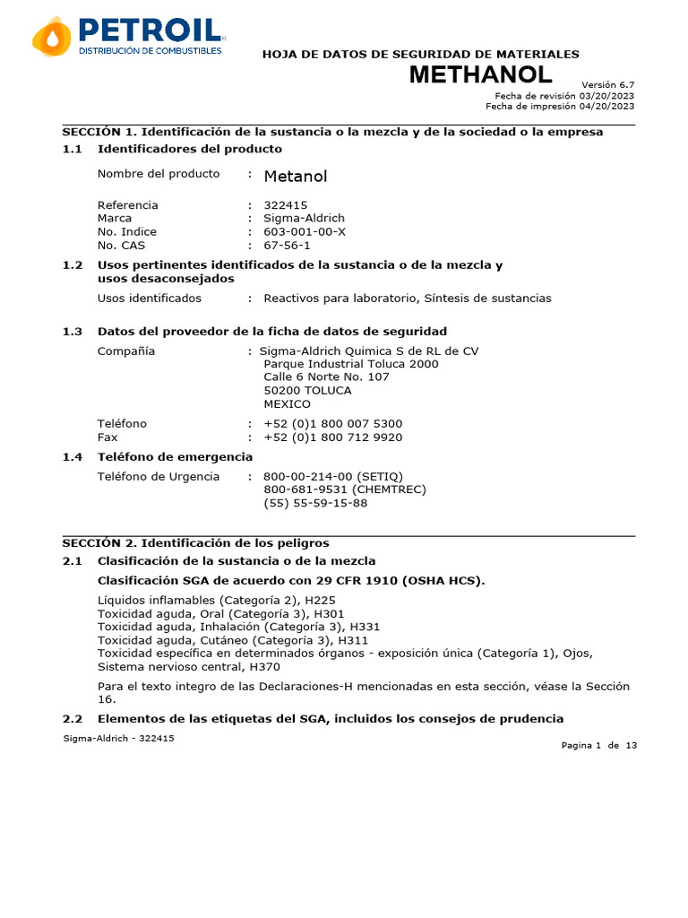 HDS Methanol | PDF | Agua | Toxicología