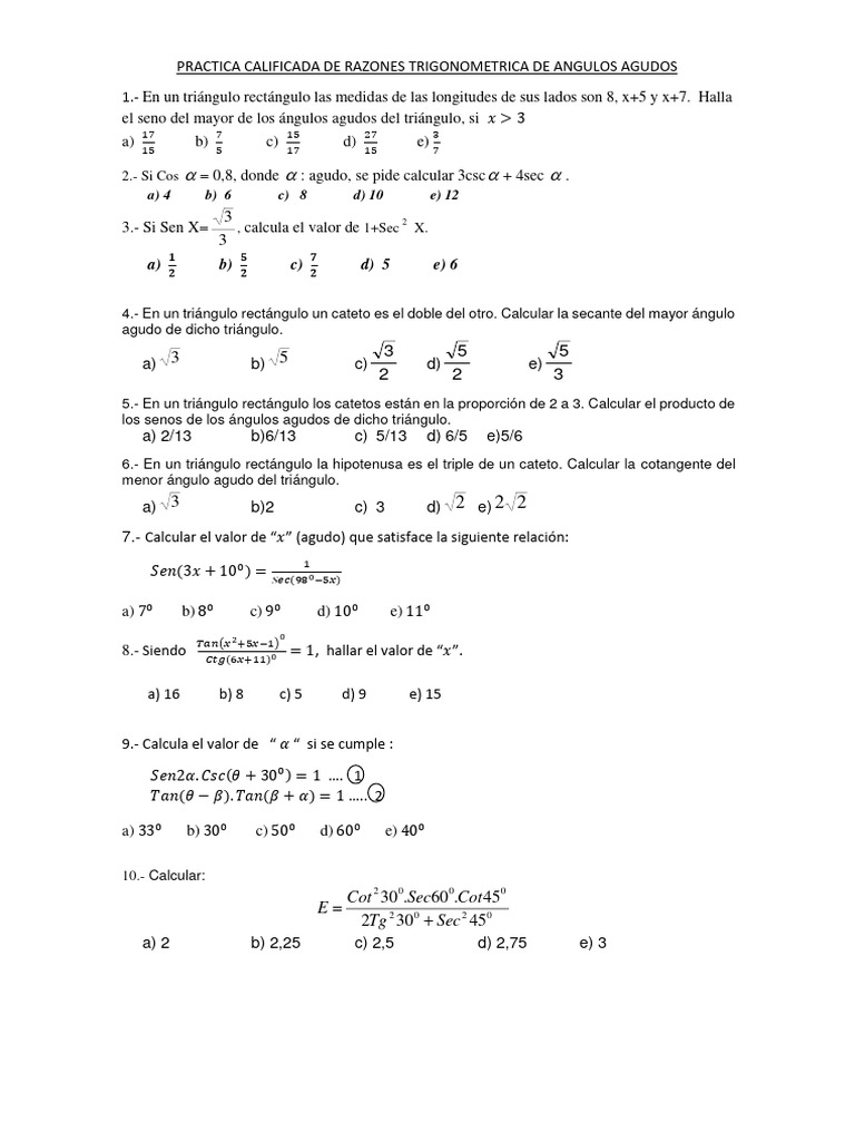 Practica Calificada de Razones Trigonometrica de Angulos Agudos | PDF | Triángulo | Formas ...