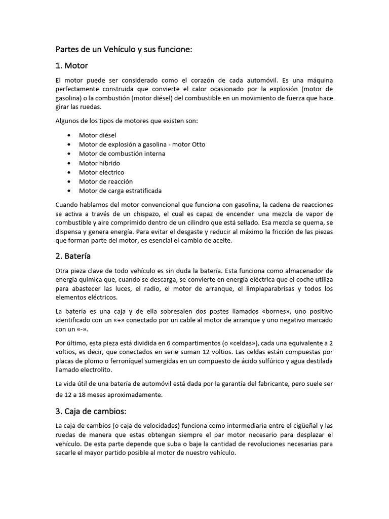 Partes de Un Vehículo y Sus Funcione | PDF | Motores | Direccion