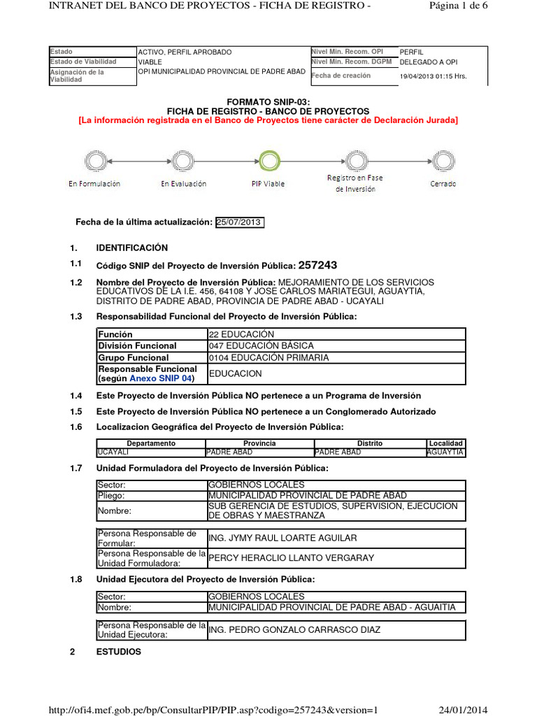 Ficha Snip | PDF | Infraestructura | Economias