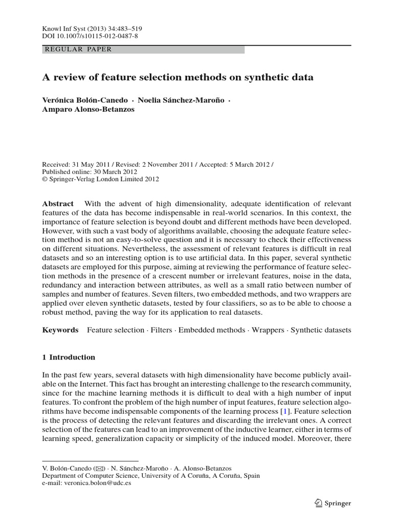 A Review Of Feature Selection Methods On Synthetic Data Pdf Support