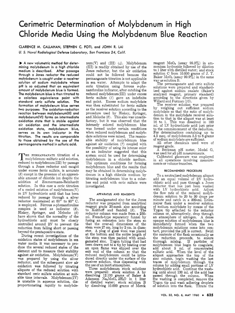 The Cerimetric Determination of Molybdenum in High Chloride Media Using ...