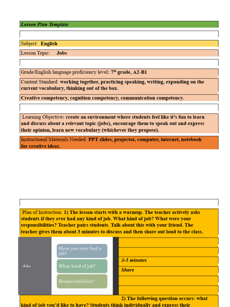 7th Grade English Lesson on Jobs | PDF | Teachers | Lesson Plan