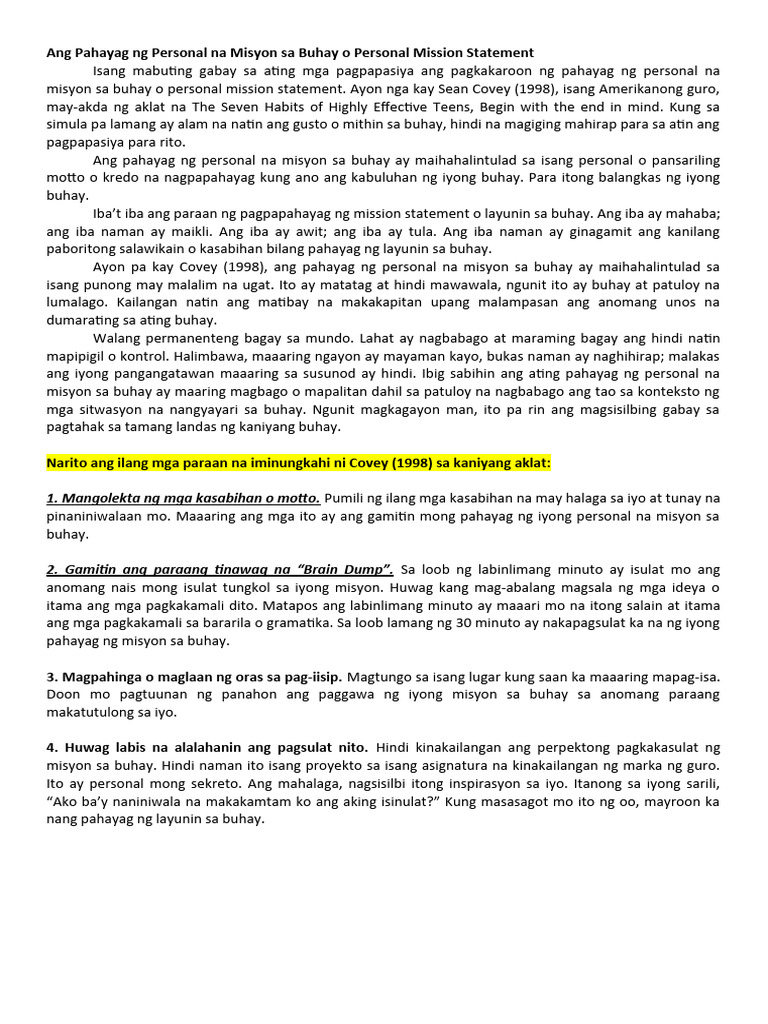 Ang Pahayag NG Personal Na Misyon Sa Buhay o Personal Mission Statement ...