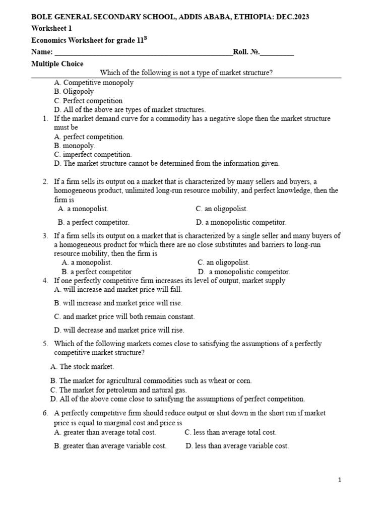 ECON. Worksheet 4 G11B | PDF | Long Run And Short Run | Perfect Competition