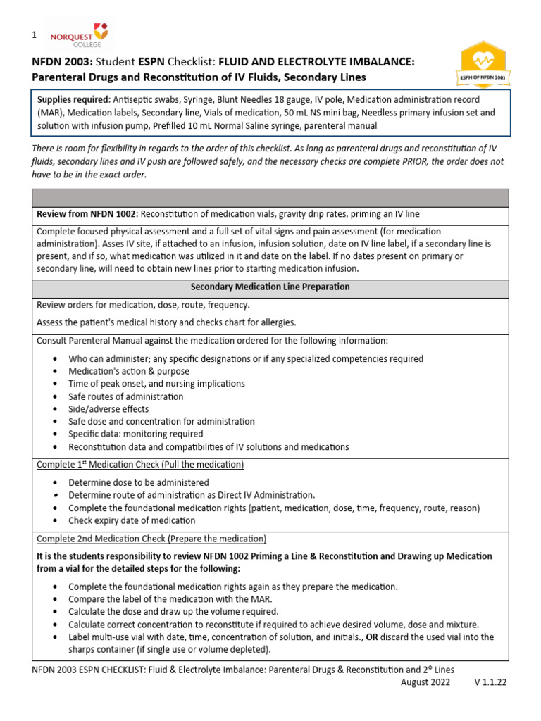 NFDN 2003 Student ESPN Checklist Parenteral Drugs and Reconstitution of ... NFDN 2003 Student ESPN Checklist Parenteral Drugs and Reconstitution of ...