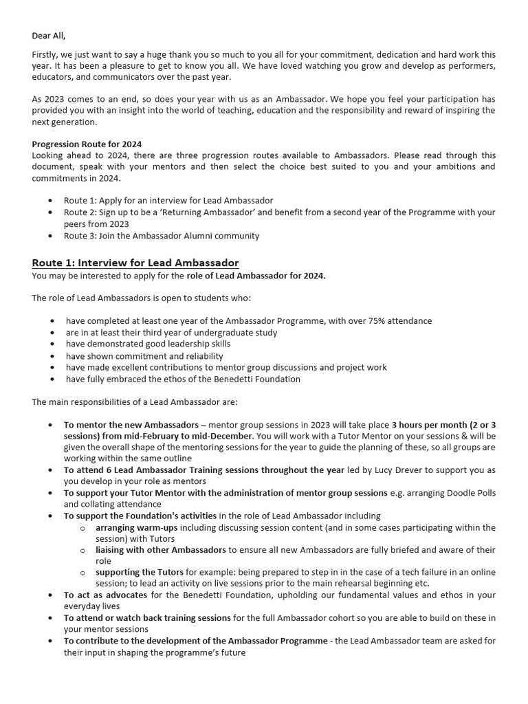 2023 Ambassadors - Progression Letter | PDF | Mentorship