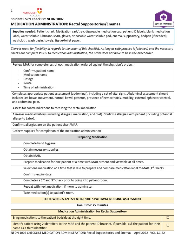 Rectal Medications Checklist Complete | PDF | Rectum | Health Care