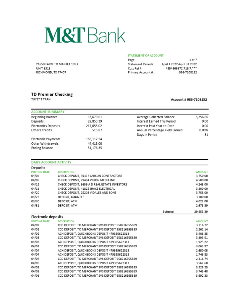 M&T Bank Statement | Download Free PDF | Deposit Account | Private Sector